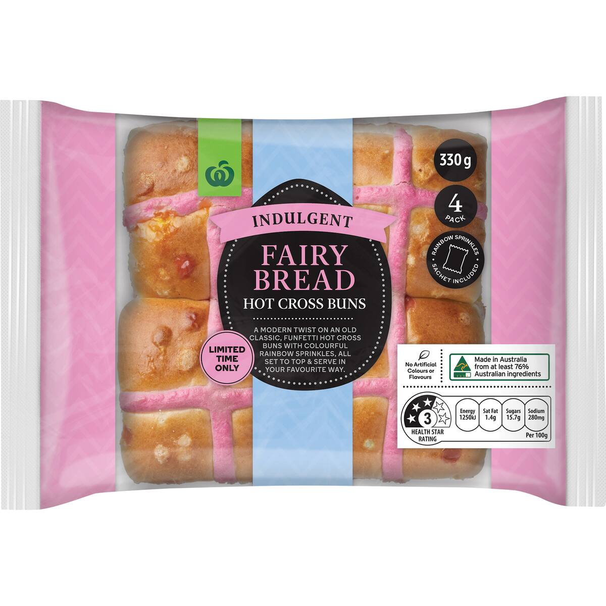 Woolworths Fairy Bread Hot Cross Buns 4 Pack | bunch