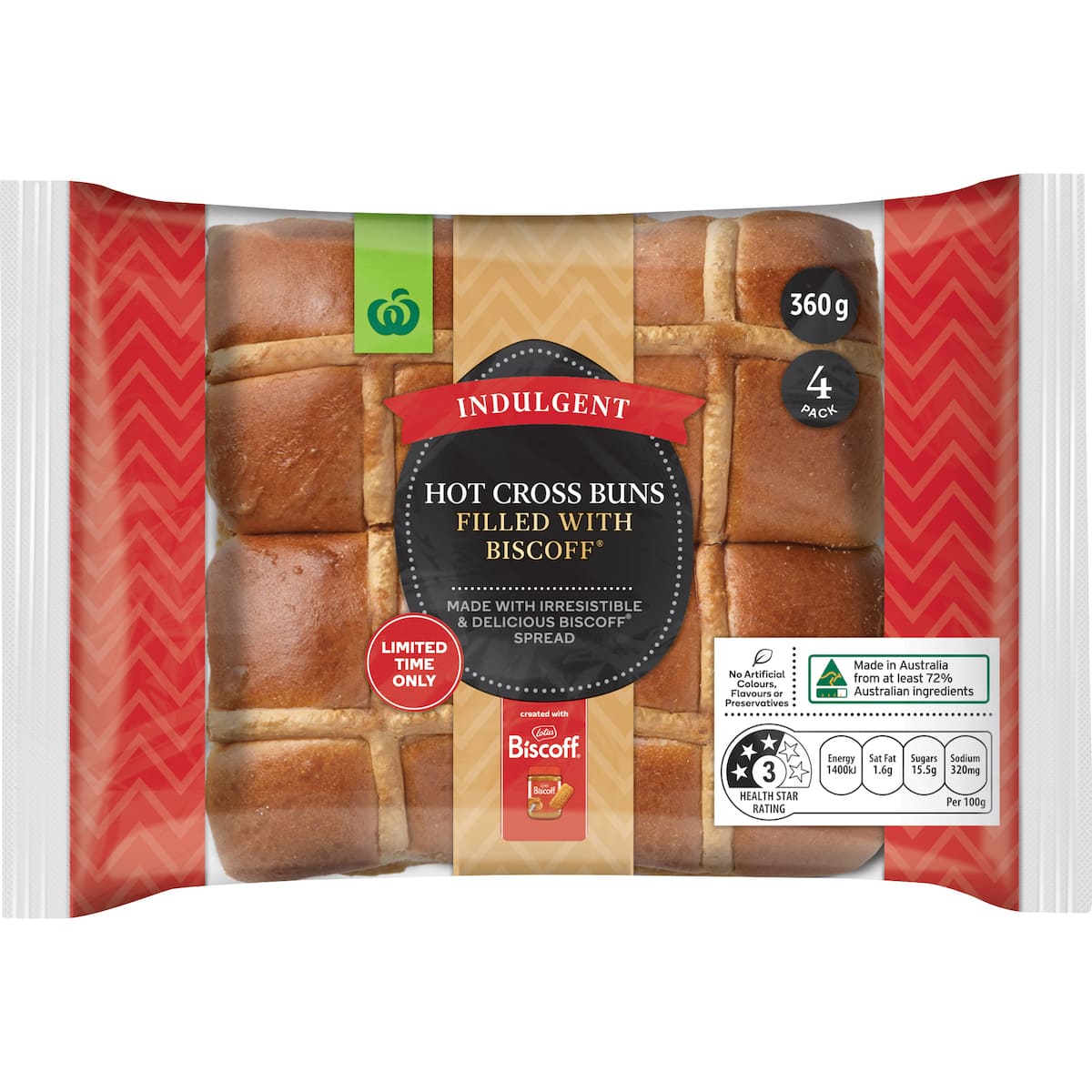 Woolworths Indulgent Hot Cross Buns Filled With Biscoff 4 Pack | bunch