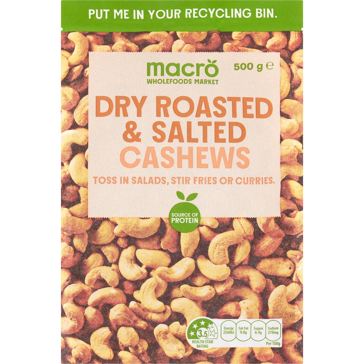 Macro Dry Roasted & Salted Cashews Nuts 500g | bunch