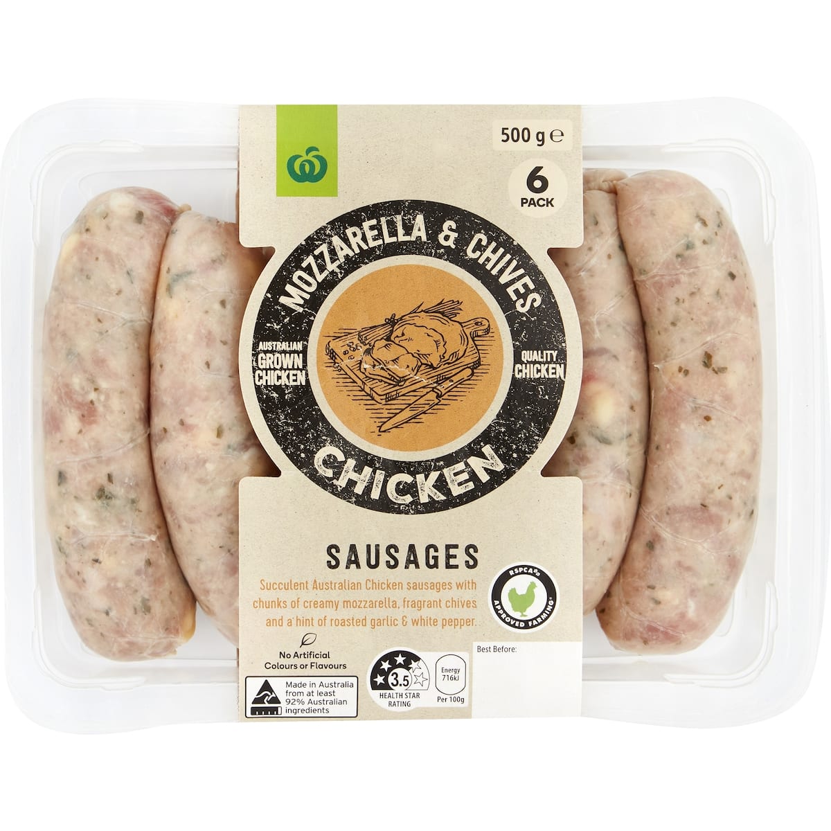 Woolworths Chicken, Mozzarella & Chives Sausages 6 Pack | bunch
