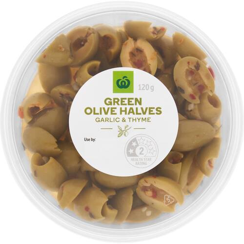 Woolworths Herb Green Olives Halves 120g | bunch