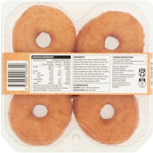 Woolworths Strawberry Iced Donuts 4 Pack | bunch