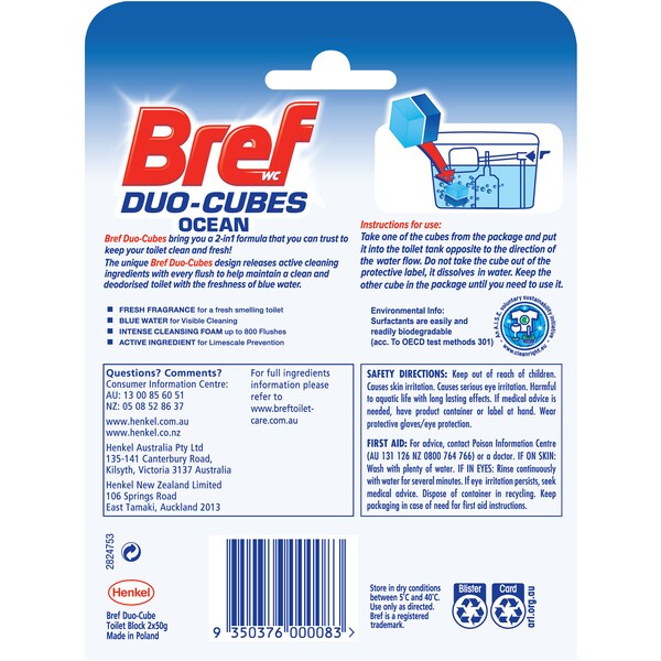 Bref Duo Cubes Blue Water Ocean Toilet Cleaner In Tank Block 50g x 2 ...
