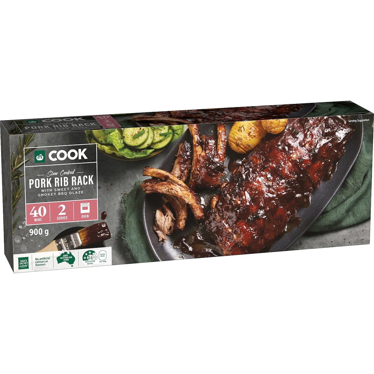 Woolworths COOK Slow Cooked Pork Rib Rack With Sweet & Smokey BBQ Glaze 900g | bunch