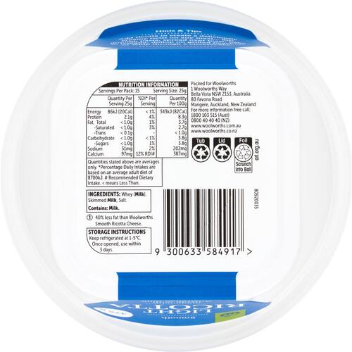Woolworths Ricotta Light Cheese 375g | bunch