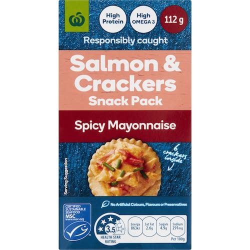 Woolworths Salmon & Crackers Snack Pack Spicy Mayonnaise 112g | bunch