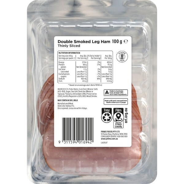 Primo Double Smoked Sliced Leg Ham 100g | Woolworths