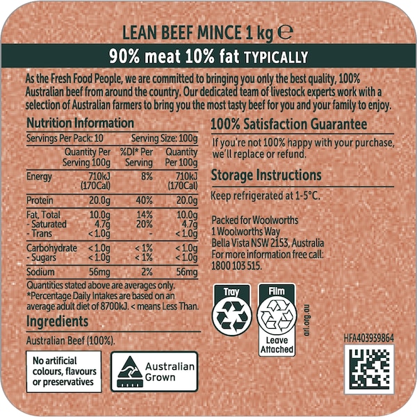 Woolworths Lean Beef Mince 1kg | Woolworths