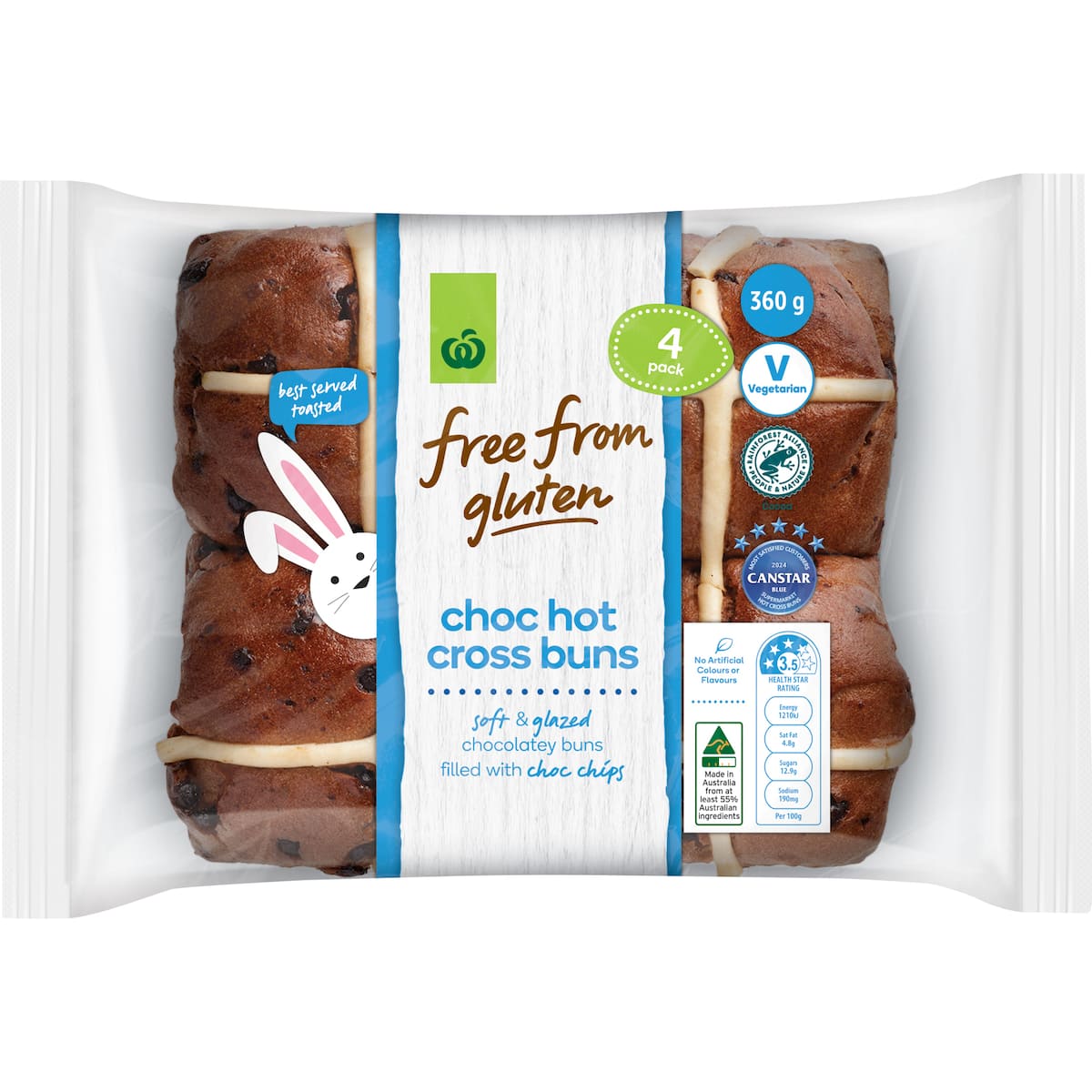 Woolworths Free From Gluten Chocolate Hot Cross Buns 4 Pack Bunch