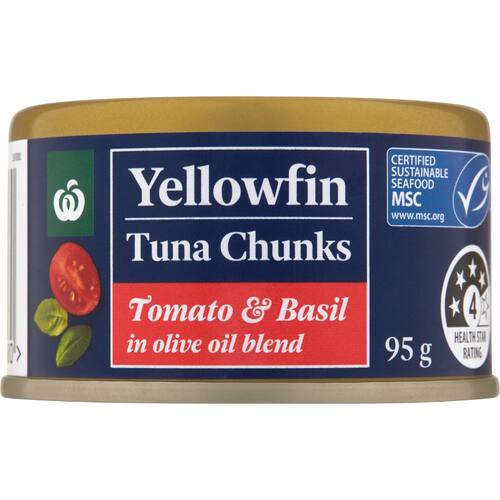 Woolworths Yellowfin Tuna Chunks Olive Oil With Tomato Basil 95g | bunch