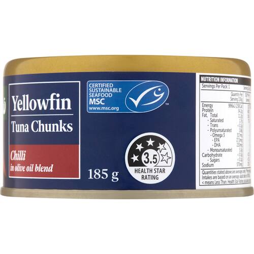Woolworths Yellowfin Tuna Chunks Olive Oil Blend With Chilli 185g | bunch