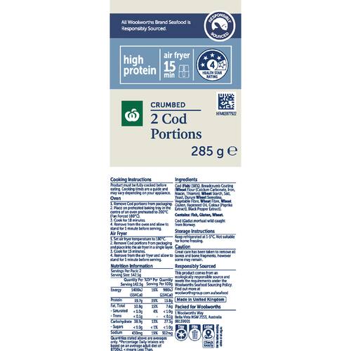 Woolworths 2 Crumbed Cod Portions 285g | bunch