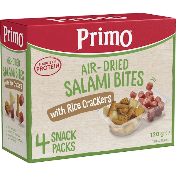 Primo Air Dried Salami Bites with Rice Crackers 4 Pack 120g | Woolworths