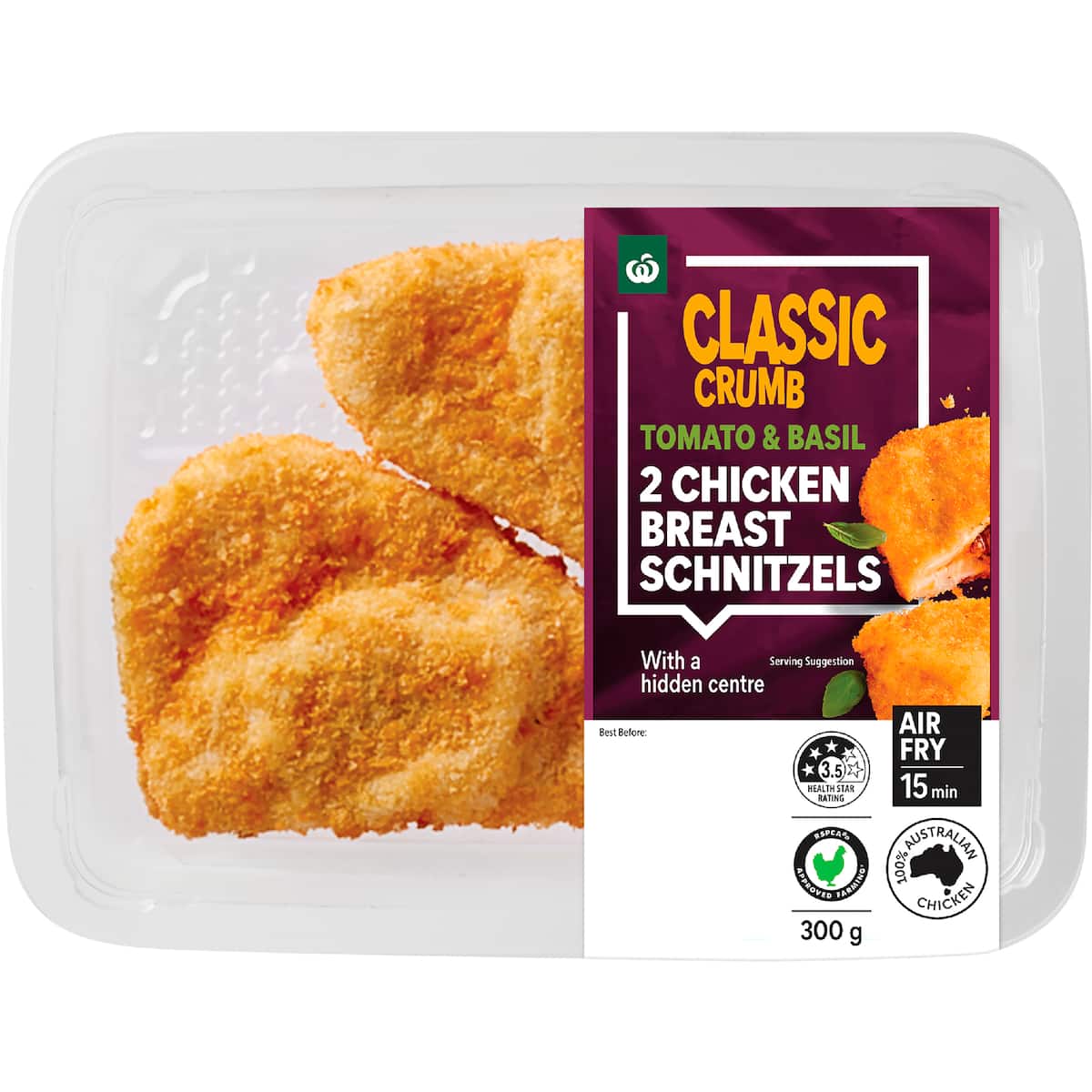 Woolworths Crumbed Chicken Schnitzel Tomato and Basil 300g | bunch