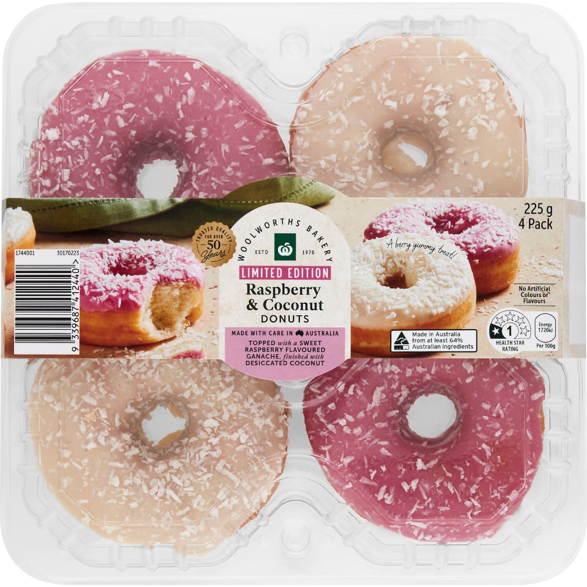 Woolworths Raspberry and Coconut Iced Donuts 4 pack | bunch