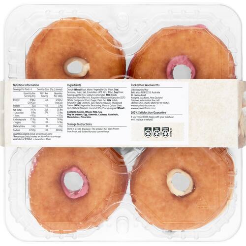 Woolworths Raspberry and Coconut Iced Donuts 4 pack | bunch