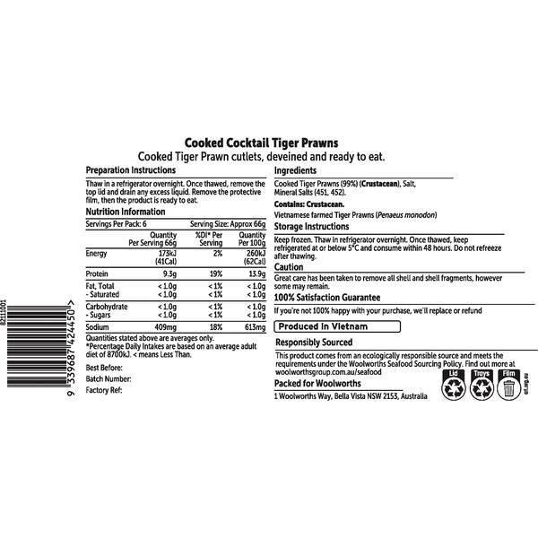 Woolworths Cooked Cocktail Tiger Prawns Tail On 400g | bunch