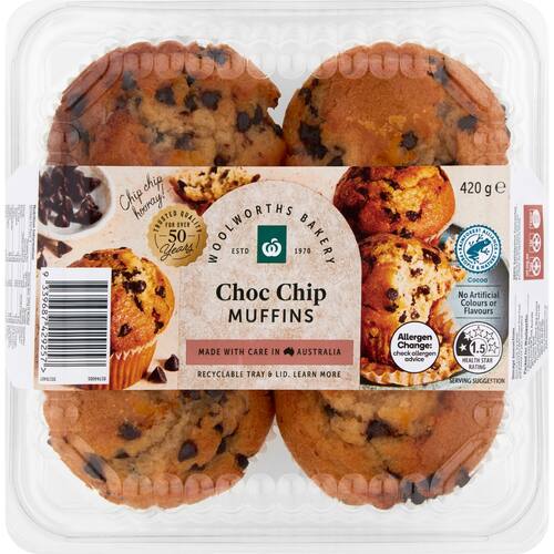 Woolworths Choc Chip Muffins 4 pack | bunch