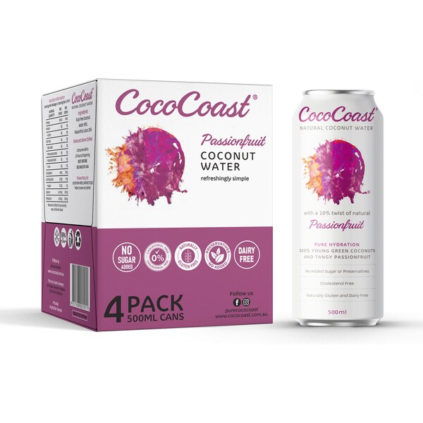 Cococoast Natural Coconut Water Passionfruit 500mL x 4 pack | Woolworths