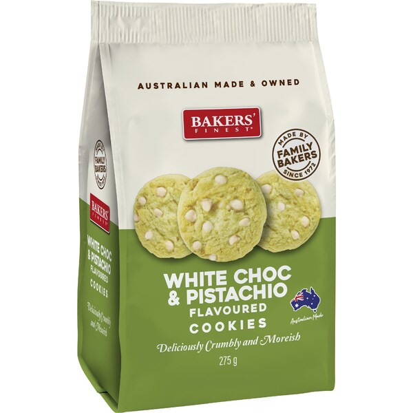 Bakers Finest White Choc & Pistachio Flavoured Cookies 275g | Woolworths