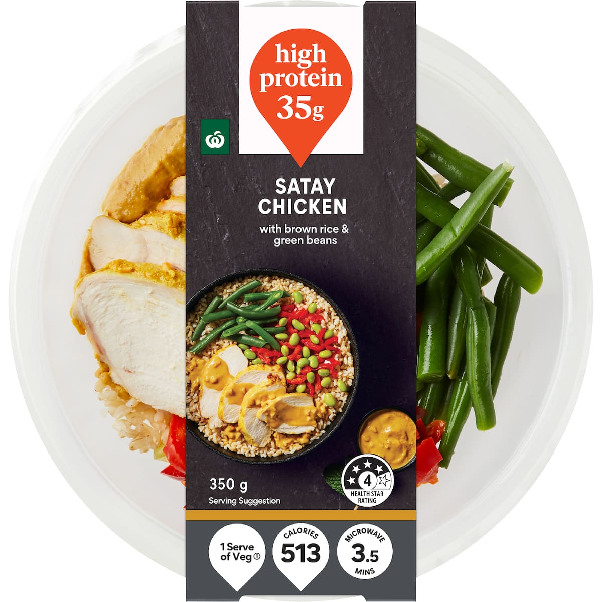Woolworths Satay Chicken With Brown Rice & Beans 350g | bunch