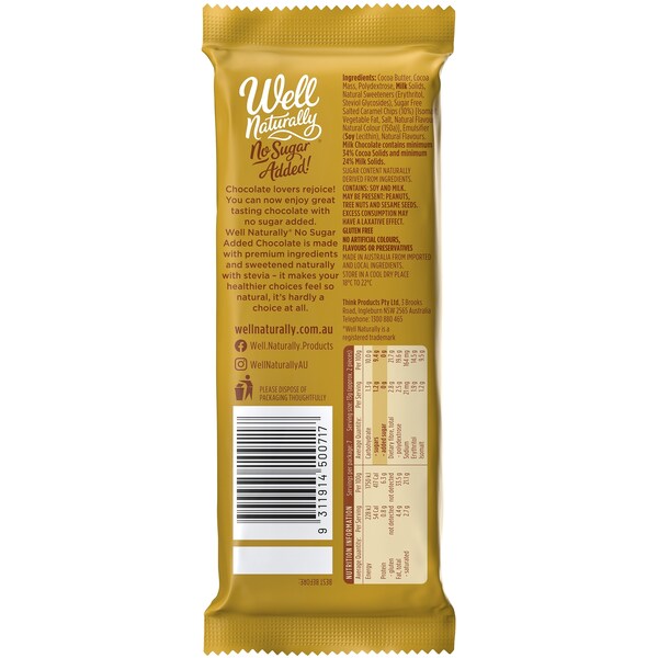 Well Naturally No Sugar Added Chocolate Salted Caramel 90g | Woolworths