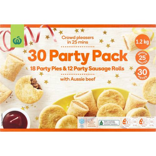 Woolworths 30 Party Pack 18 Pies and 12 Sausage Rolls 1.2kg | bunch
