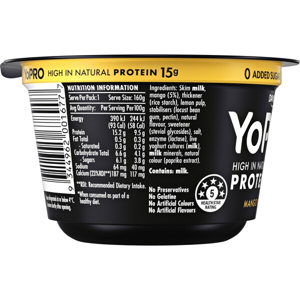 Yopro Danone High Protein Yoghurt No Added Sugar Mango 160g | Woolworths