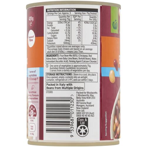 Woolworths Four Bean Mix No Added Salt Can 420g | bunch