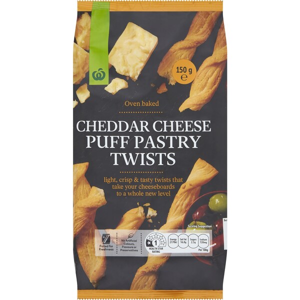 Woolworths Cheddar Cheese Puff Pastry Twist Crackers 150g | Woolworths