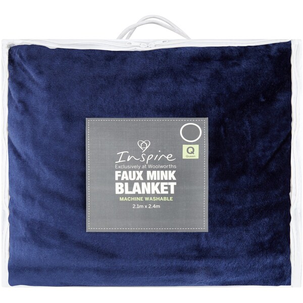 Inspire Faux Mink Blanket Qb Navy Each | Woolworths