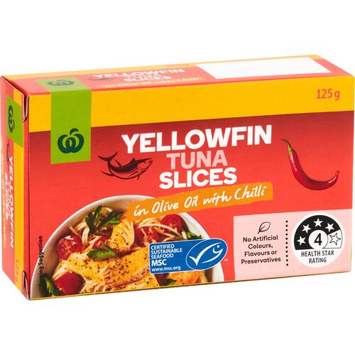 Woolworths Yellowfin Tuna Slices In Olive Oil With Chilli 125g | bunch