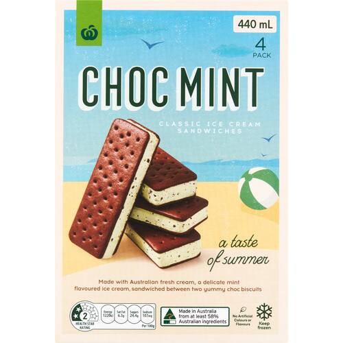 Woolworths Peppermint Chocolate Flakes Ice Cream Sandwich 4 Pack | bunch