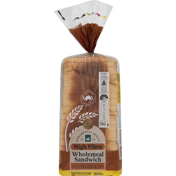 Woolworths Hi Fibre Wholemeal Sandwich Bread 700g | bunch