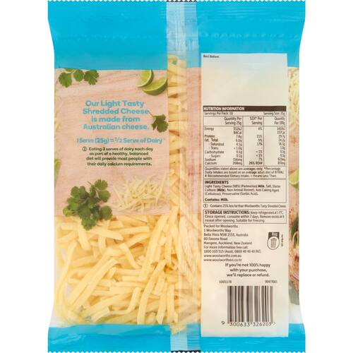 Woolworths Light Tasty Cheese Shredded 250g | bunch