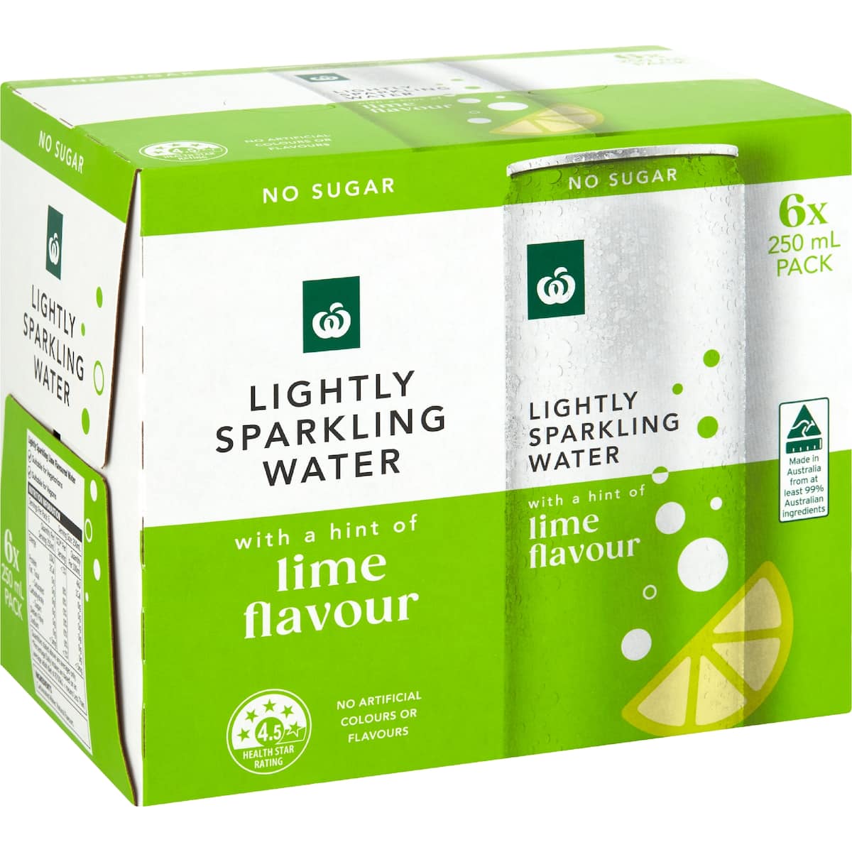 Woolworths Lightly Sparkling Water Cans Lime 250mL x 6 pack | bunch