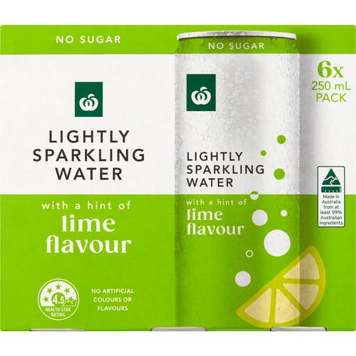 Woolworths Lightly Sparkling Water Cans Lime 250mL x 6 pack | bunch
