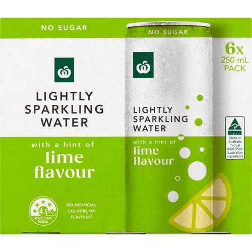 Woolworths Lightly Sparkling Water Cans Lime 250mL x 6 pack | bunch