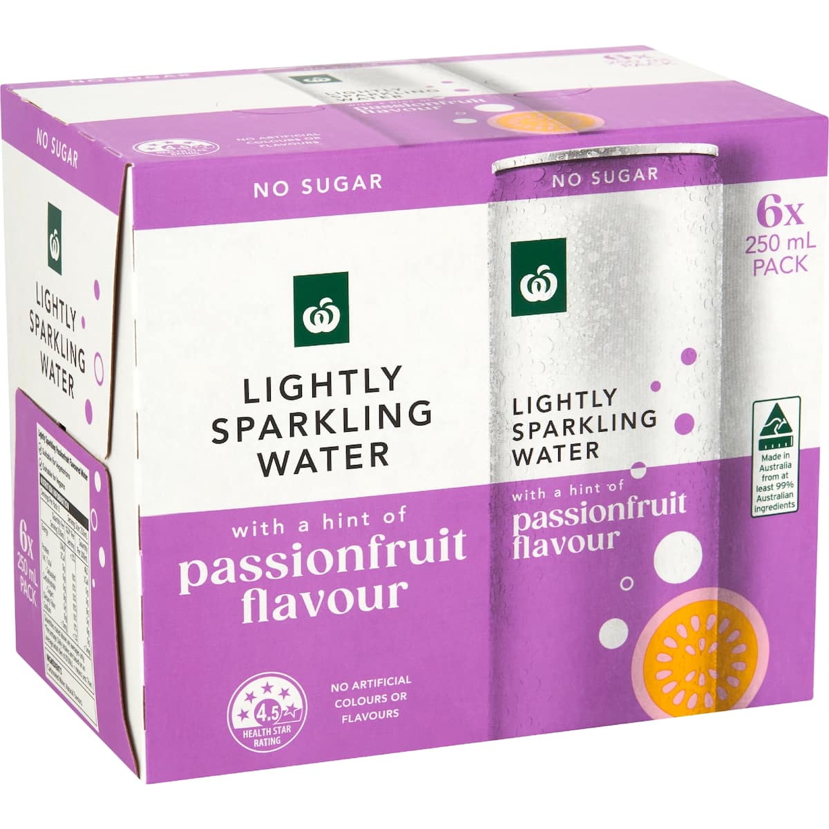 Woolworths Lightly Sparkling Water Cans Passionfruit 250mL x 6 pack | bunch
