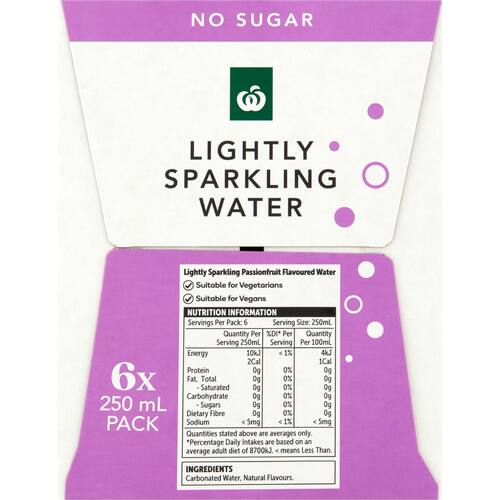 Woolworths Lightly Sparkling Water Cans Passionfruit 250mL x 6 pack | bunch