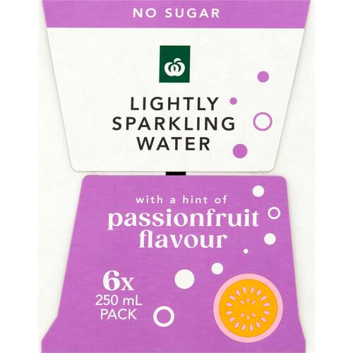 Woolworths Lightly Sparkling Water Cans Passionfruit 250mL x 6 pack | bunch