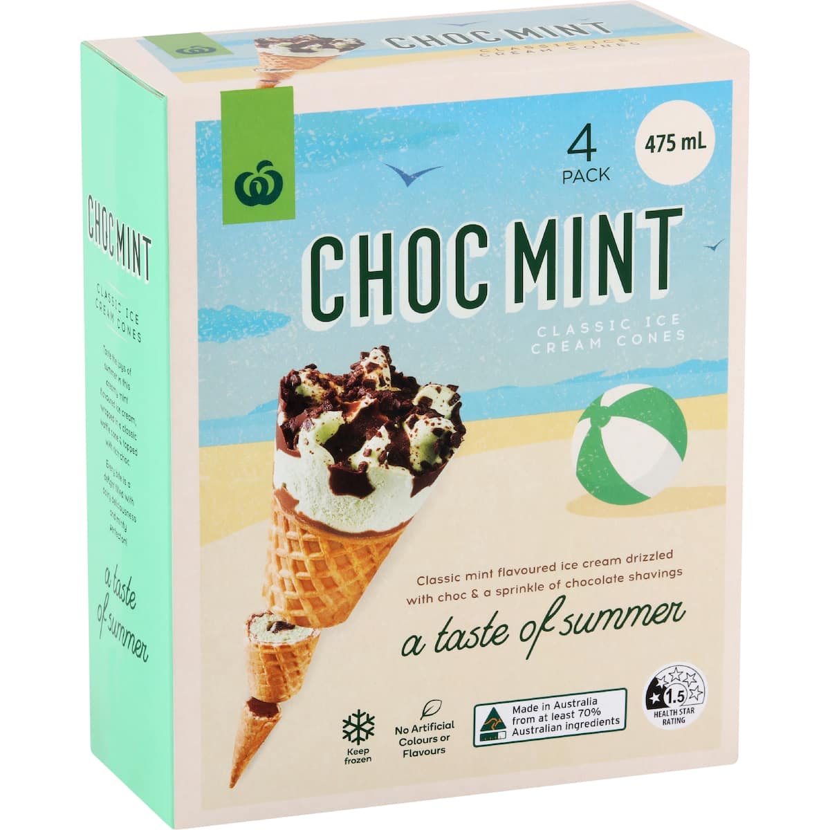 Woolworths Ice Cream Cones Choc Mint 4 Pack 475ml | bunch