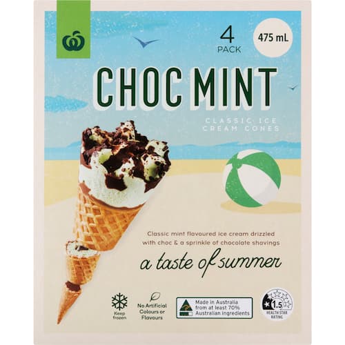 Woolworths Ice Cream Cones Choc Mint 4 Pack 475ml | bunch