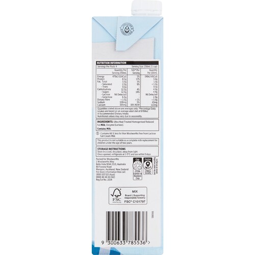 Woolworths Free From Lactose Lite Long Life Milk UHT 1L | bunch