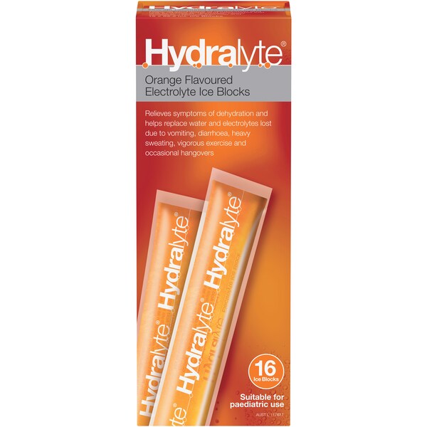 Hydralyte Electrolyte Ice Block Orange 16 Sachets | Woolworths