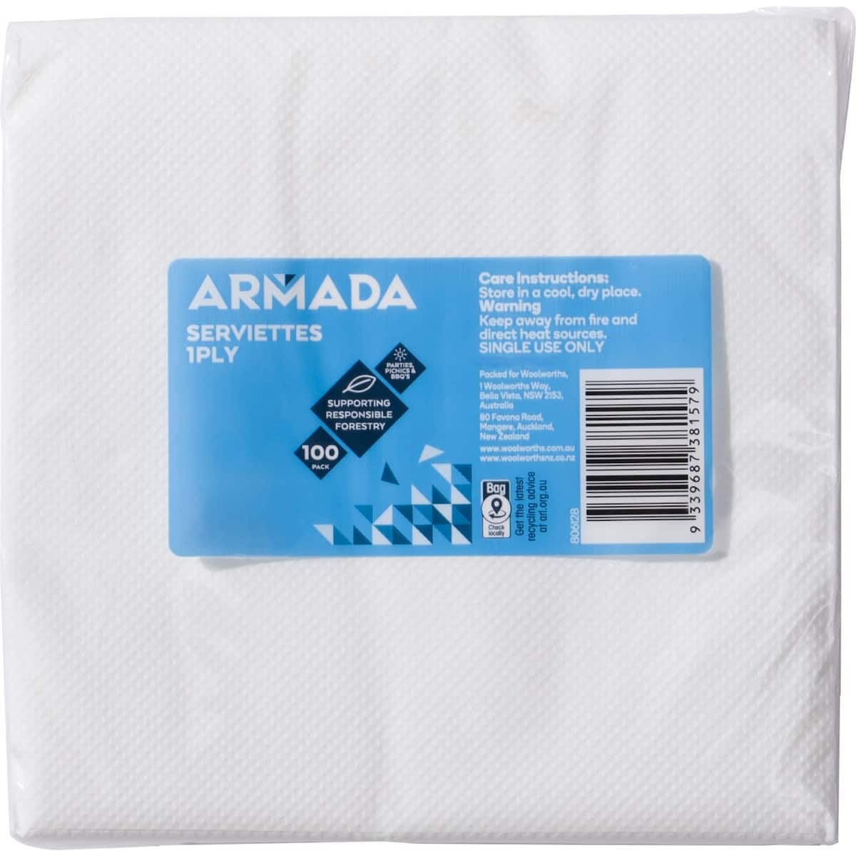 Armada 1 Ply Serviettes White 100 pack | bunch
