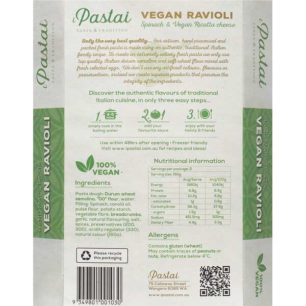 I Pastai Vegan Ravioli Spinach & Ricotta Cheese 300g | Woolworths