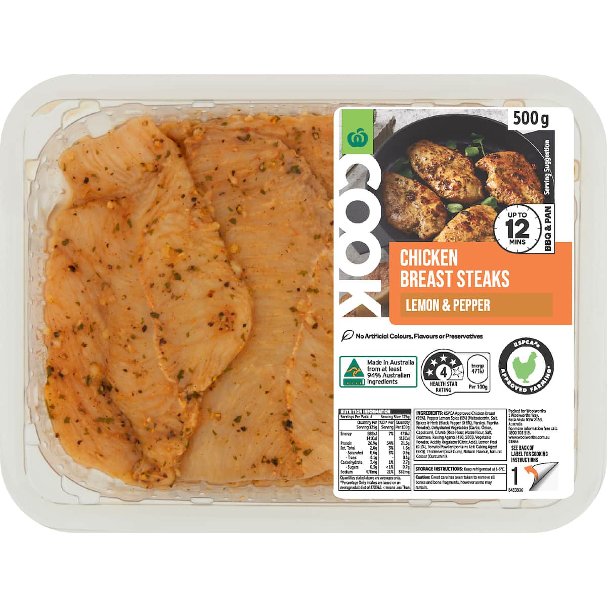 Woolworths Cook Chicken Breast Steaks Lemon & Pepper 500g | bunch