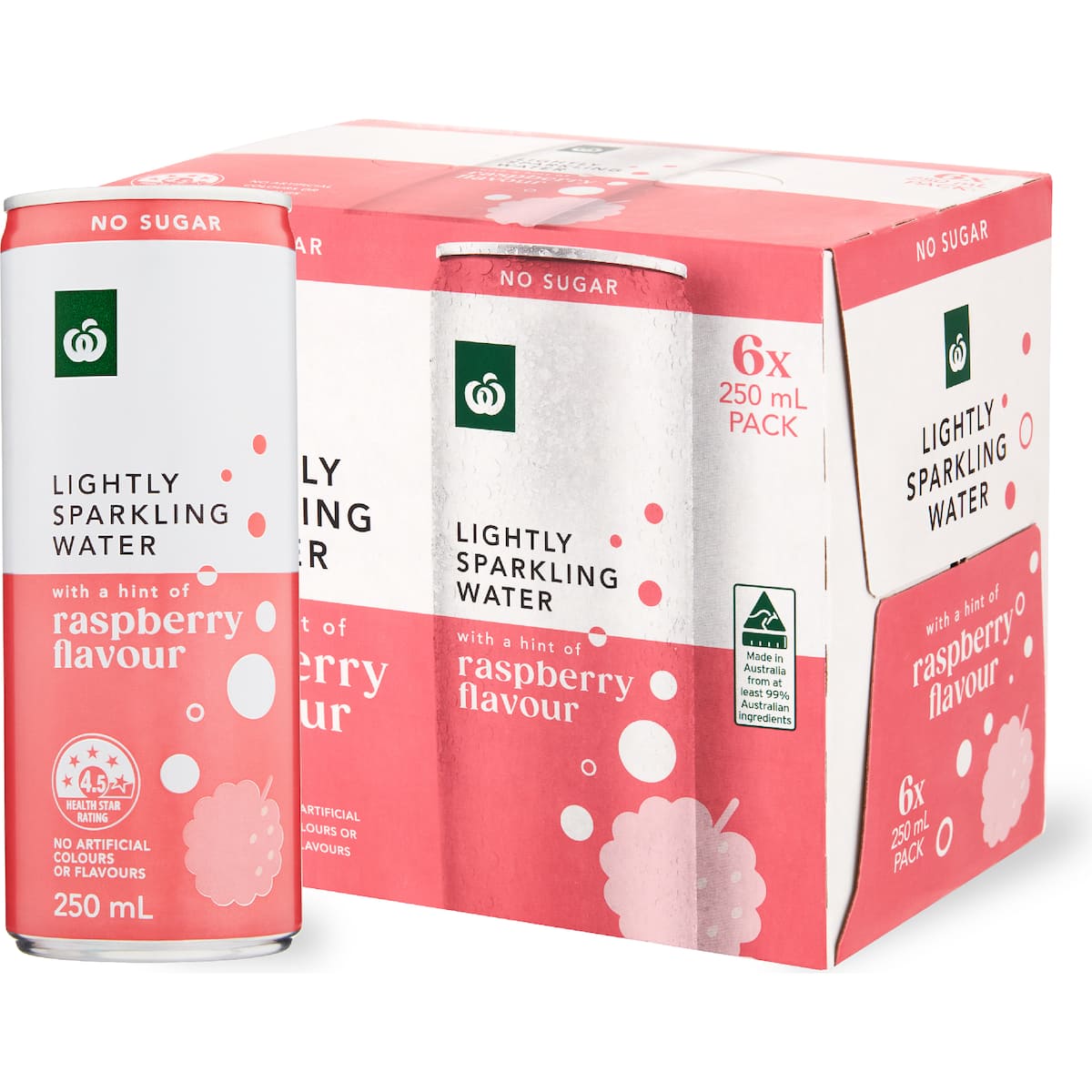 Woolworths Lightly Sparkling Water Cans Raspberry 250mL x 6 pack | bunch