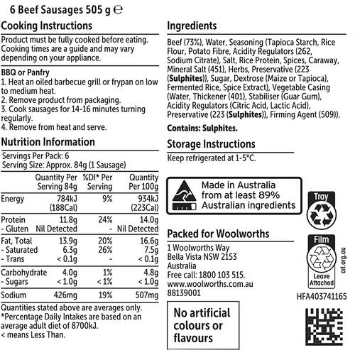 Woolworths 6 Beef Sausages 505g | bunch